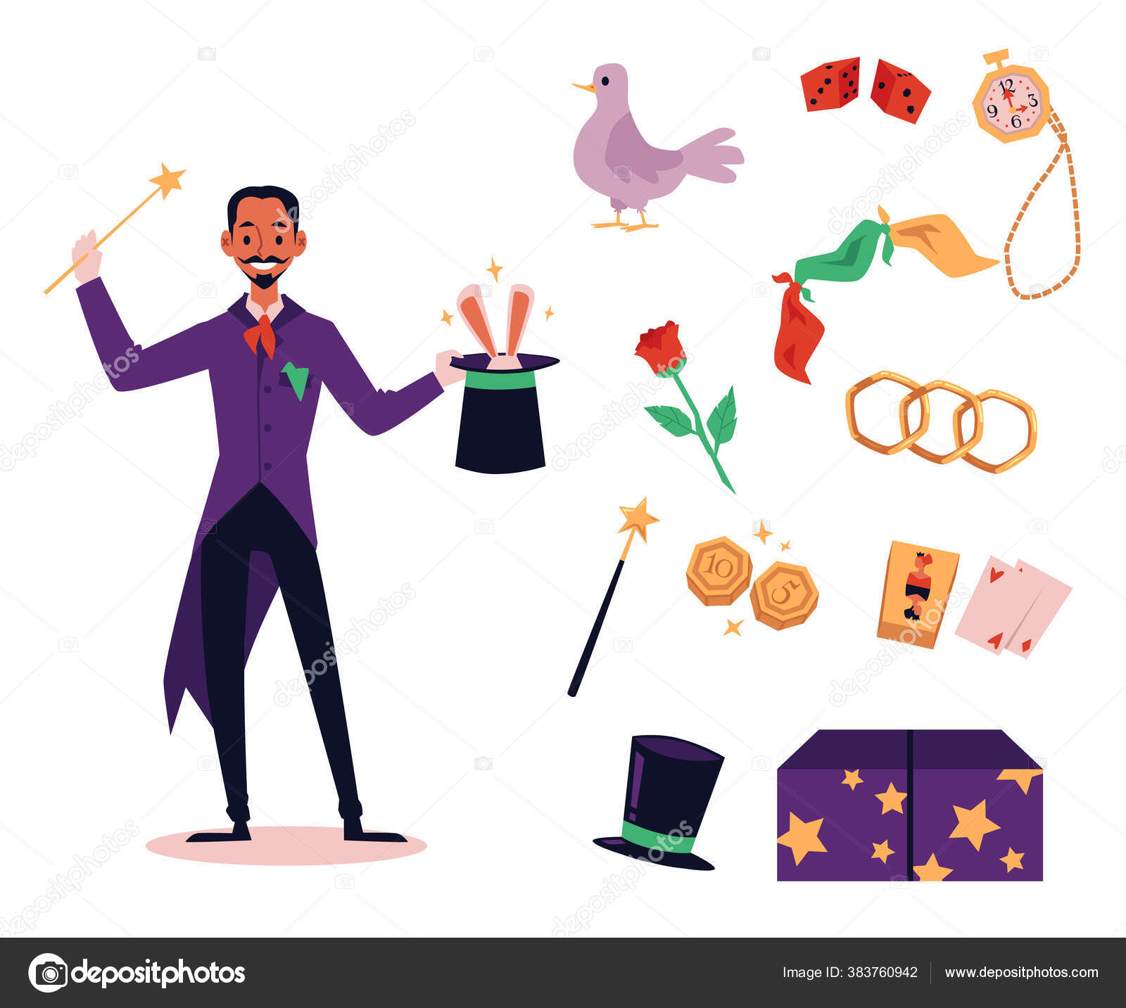 Cartoon-Zauberer und seine Ausrüstung für Zaubertricks - Vektor ...