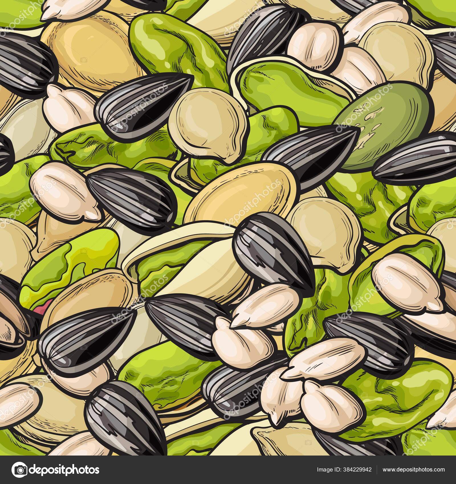 Pistachios and sunflower seeds seamless pattern sketch style vector ...