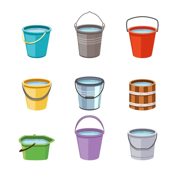 Metal and plastic buckets and pails set cartoon vector illustrations ...