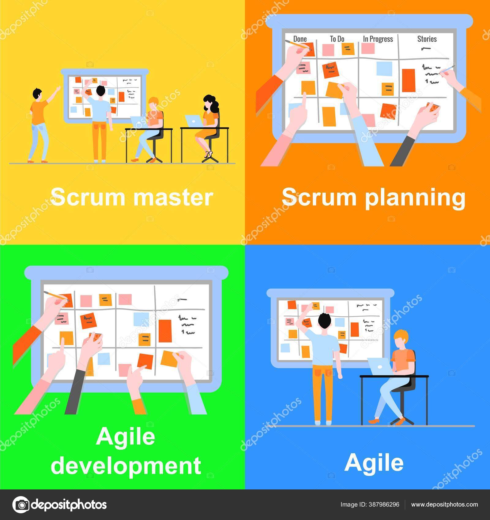 Scrum planning of teamwork on software development banners set. Stock ...