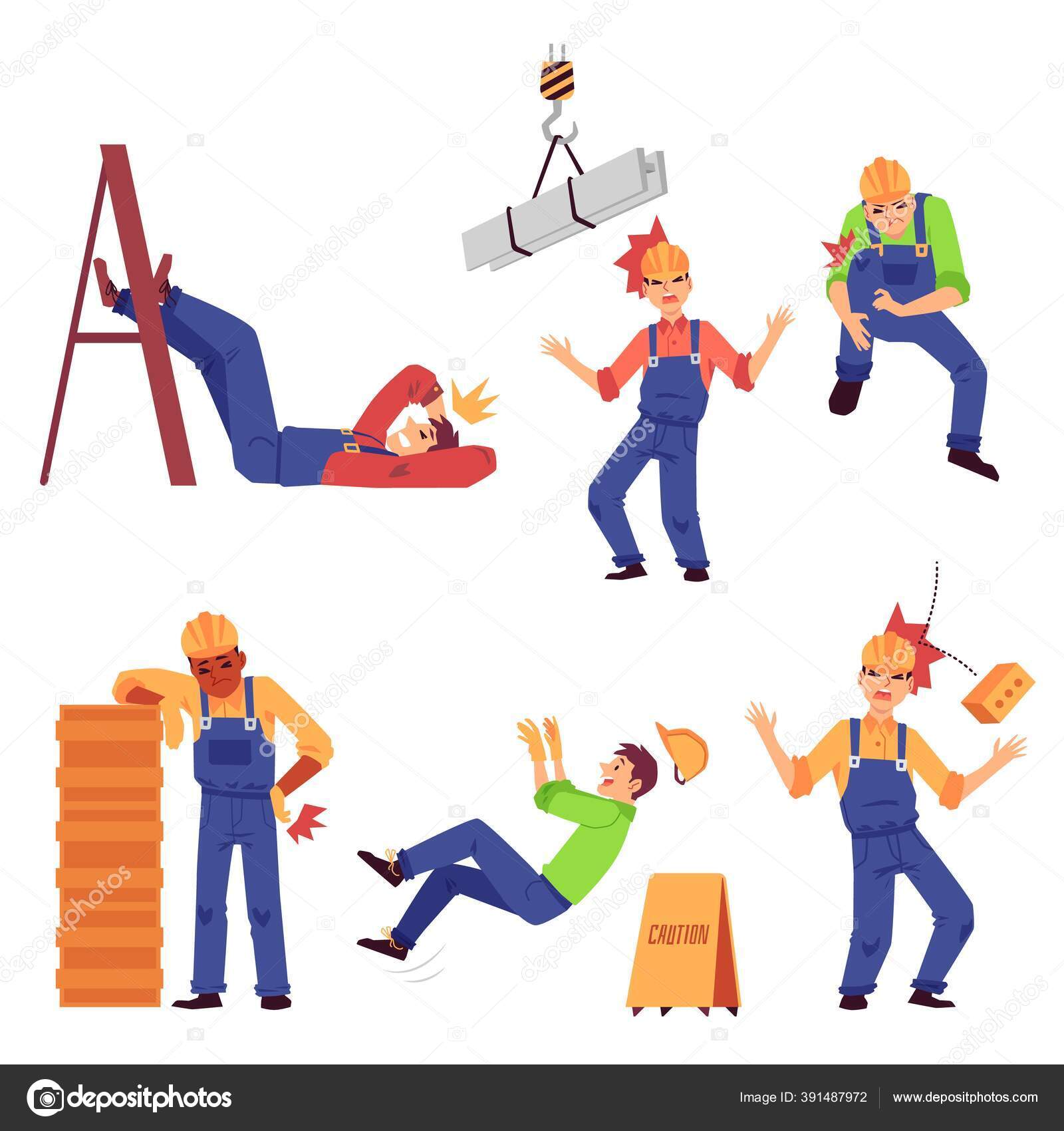 Cedera di tempat kerja diatur dengan pekerja konstruksi, vektor datar ...