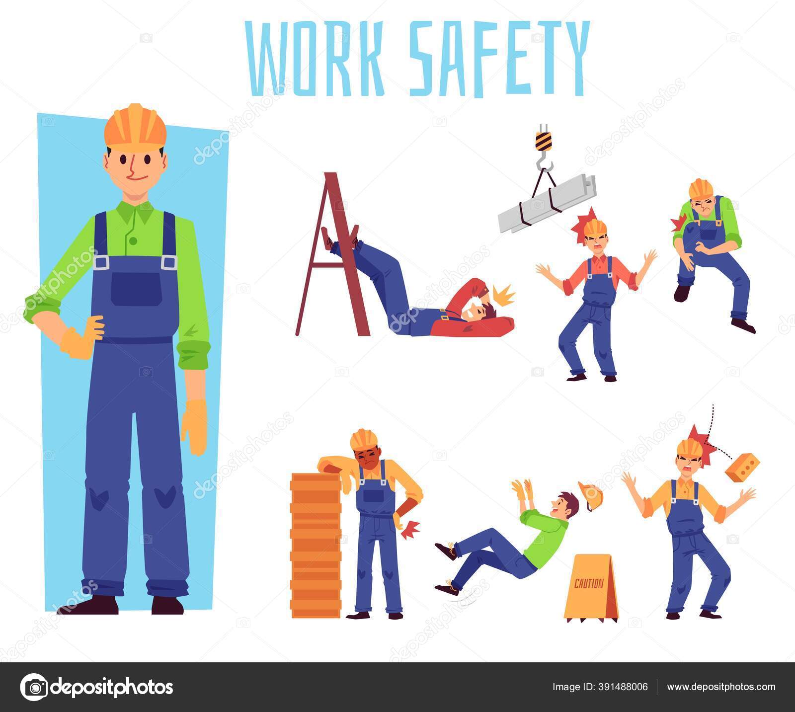 Work safety set with cartoon builder men in pain from falling objects ...