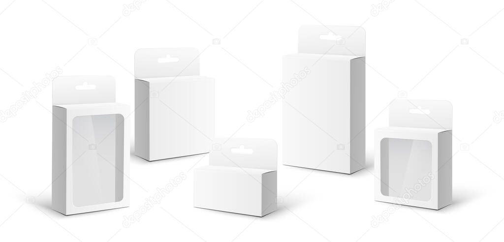 Boş karton kutuların maketleri, gerçekçi vektör çizimleri izole edildi ...