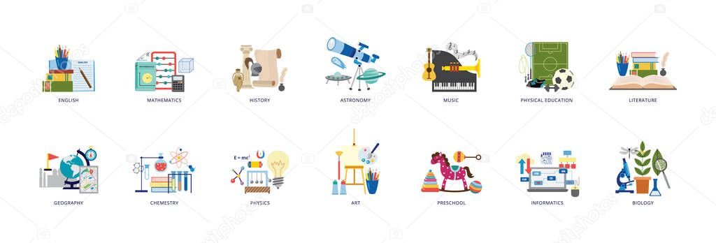 Iconos de la educaci n de las asignaturas escolares conjunto plana vector ilustraci n aislado. 2024