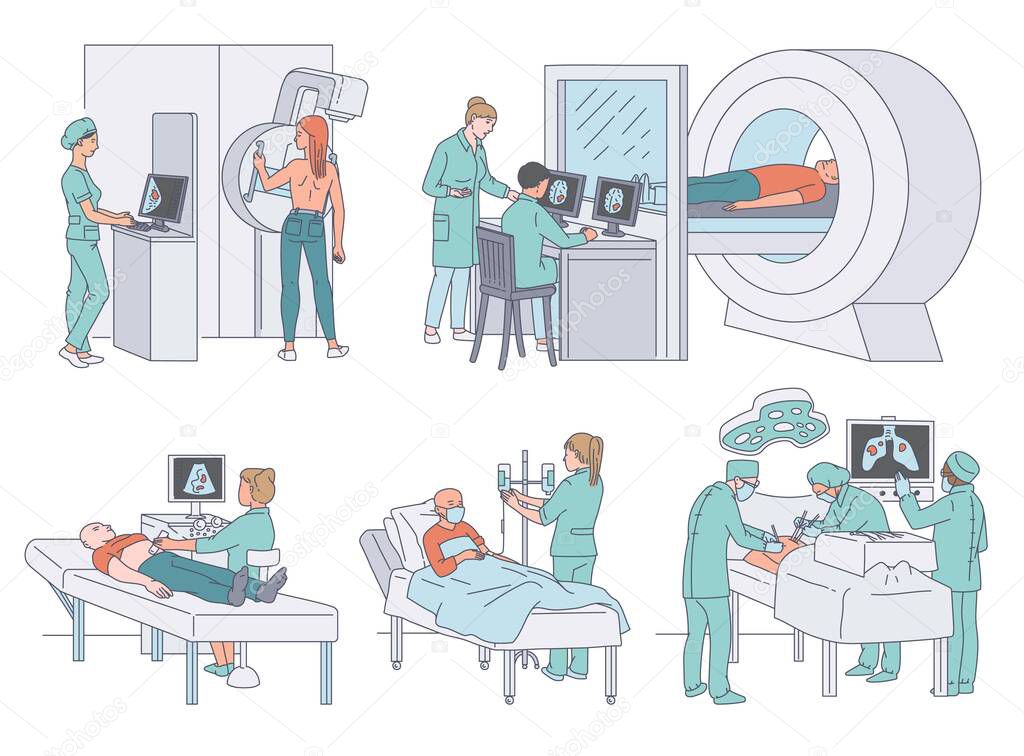 Pacientes con cáncer y médicos en el hospital - conjunto de dibujos ...