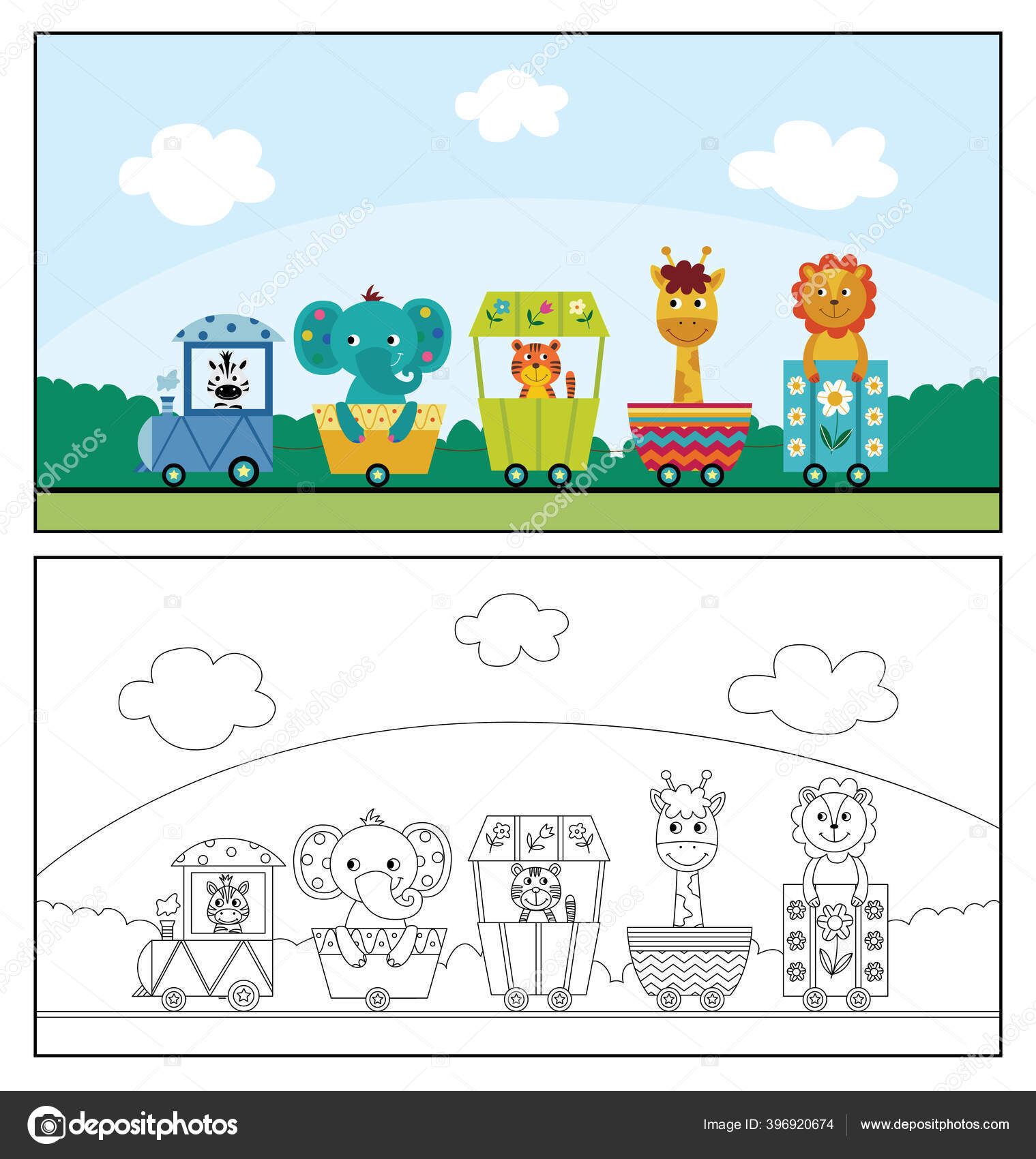 Cute cartoon animal train in colorful and colorless form - elephant ...