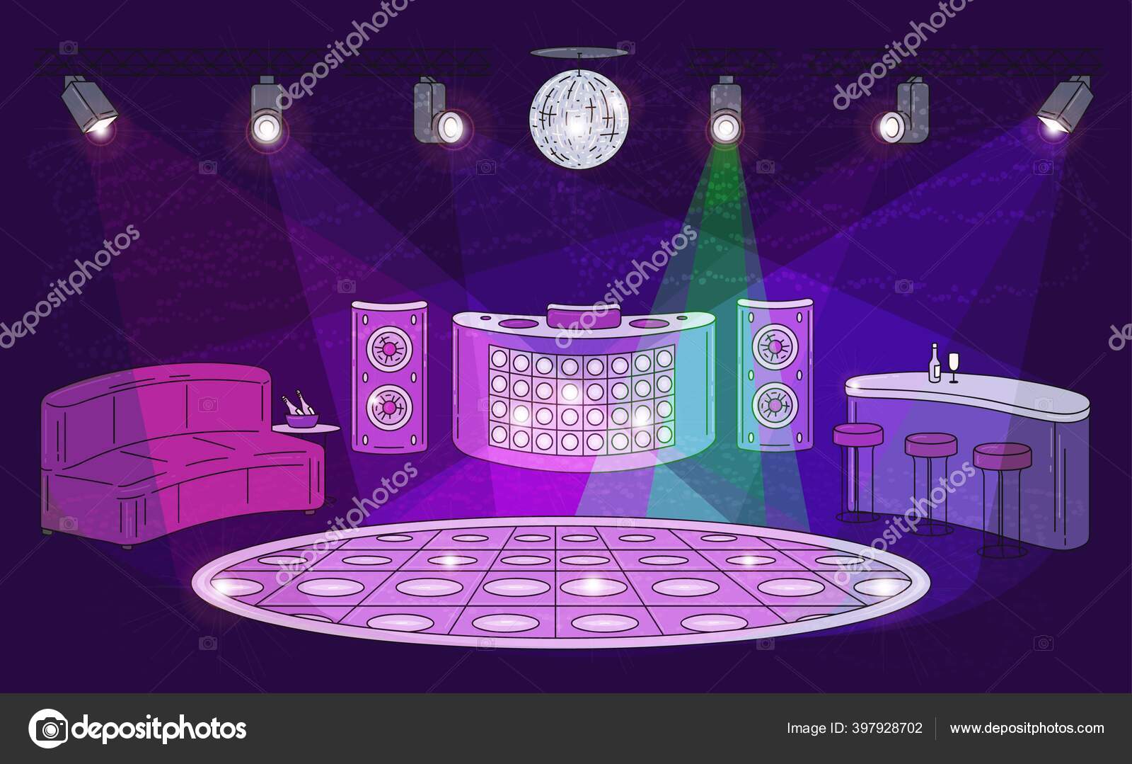 Night club interior with empty dance floor, spot lights, DJ booth Stock ...