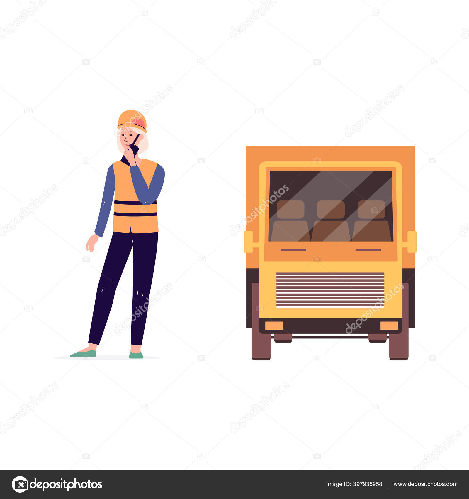 Transportation worker and yellow delivery truck - cartoon woman and ...