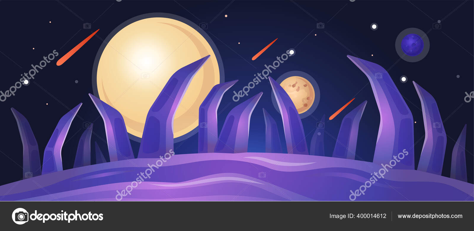Cosmic landscape with planet surface, falling asteroids and comets with ...
