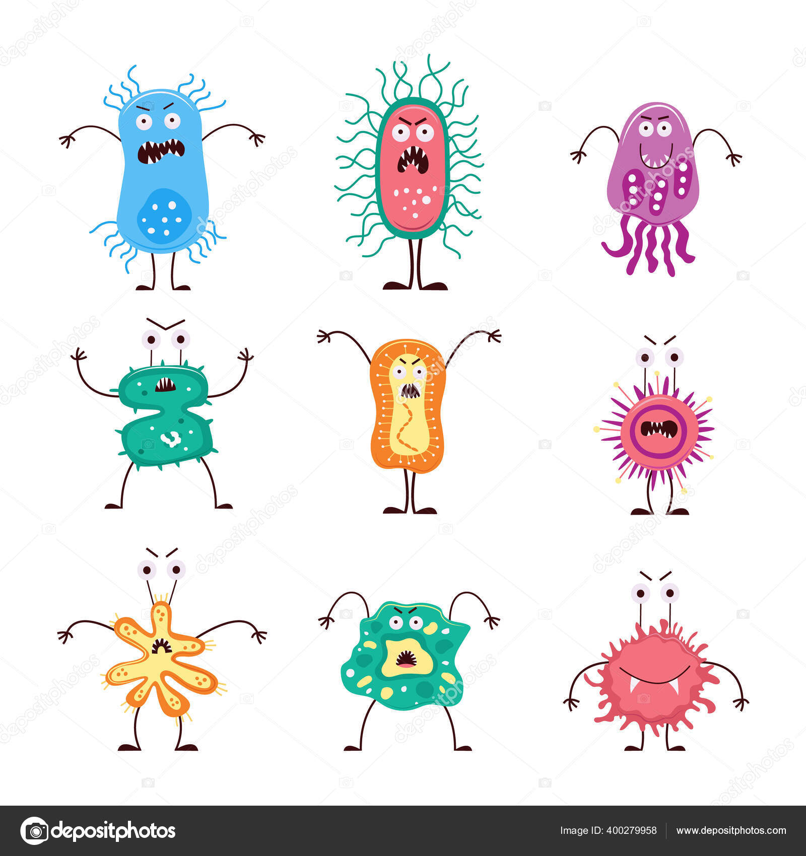 Cartoon bacteria set - colorful angry virus creatures with funny faces ...