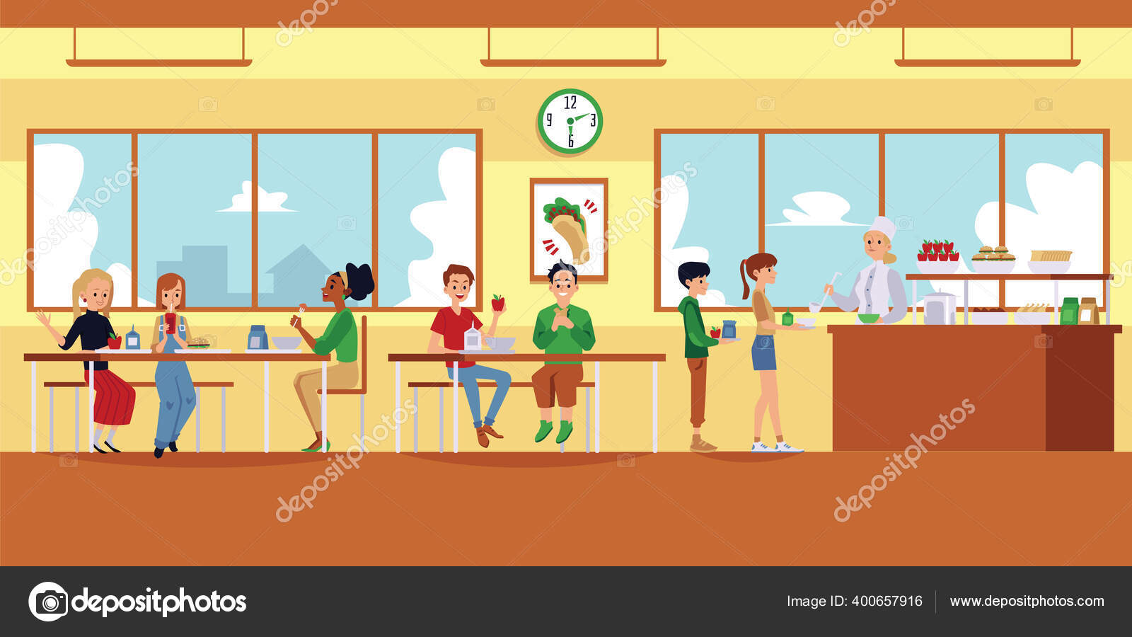 Refeitório escolar interior com crianças dos desenhos animados comendo ...