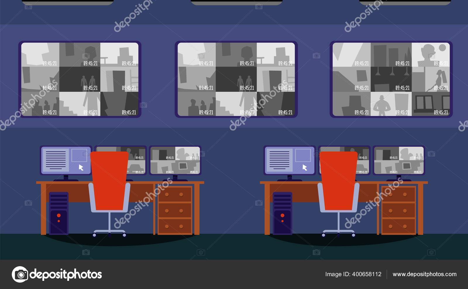 Empty security room interior with double computer desk with big monitor ...