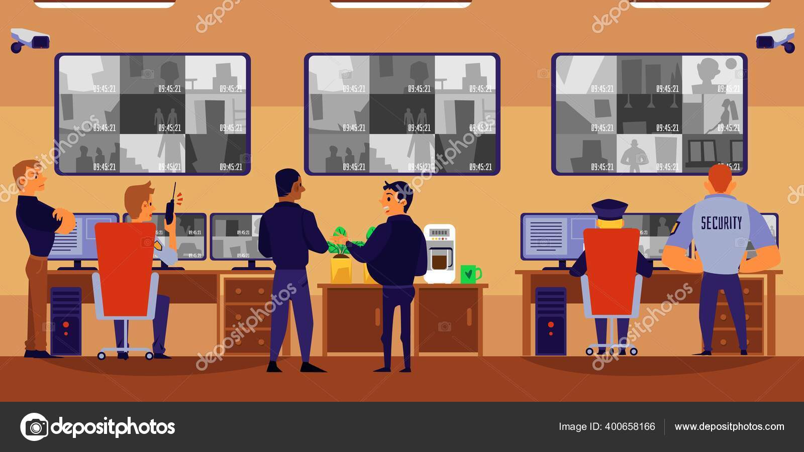 Cartoon people in security room talking and looking at surveillance ...