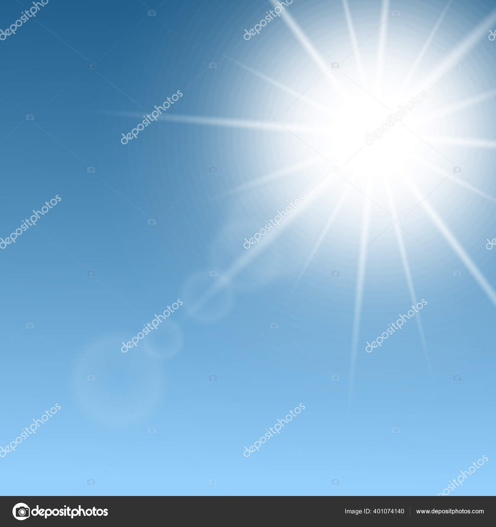 White sun light with realistic lens flare effect on light blue sky ...