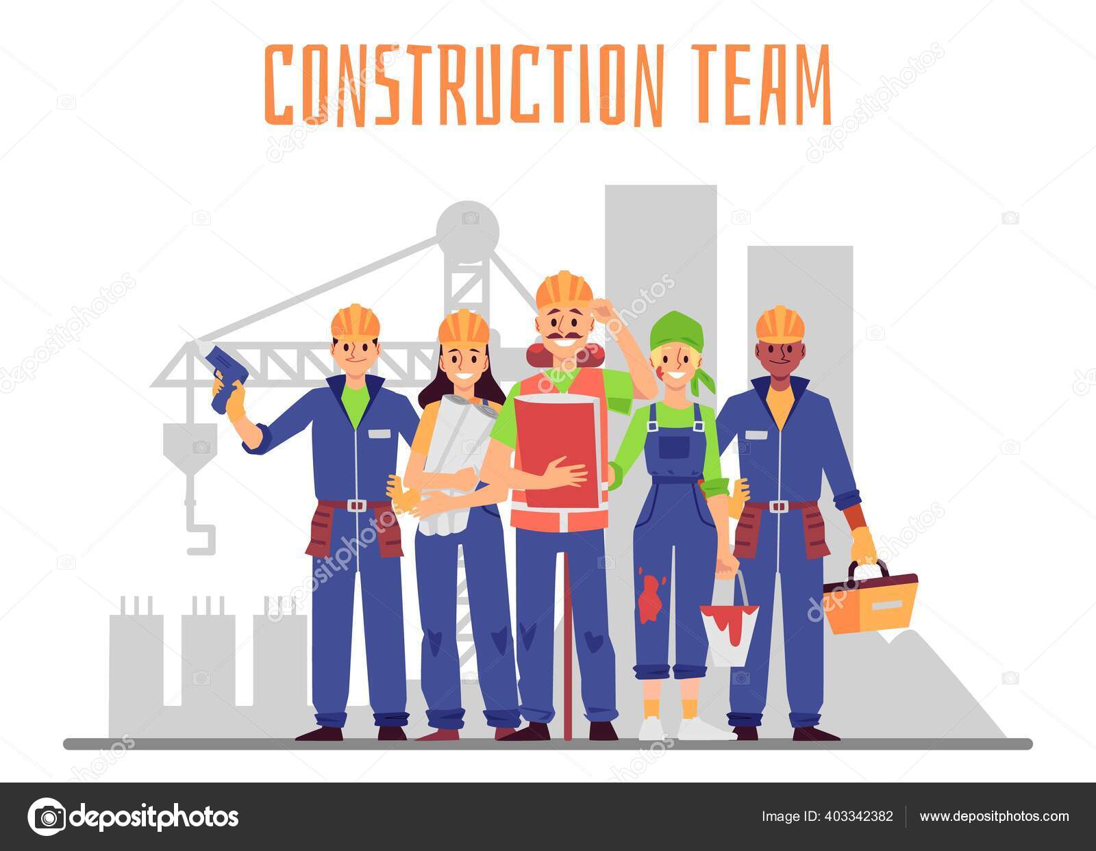 Construction team at building site backdrop, flat vector illustration ...