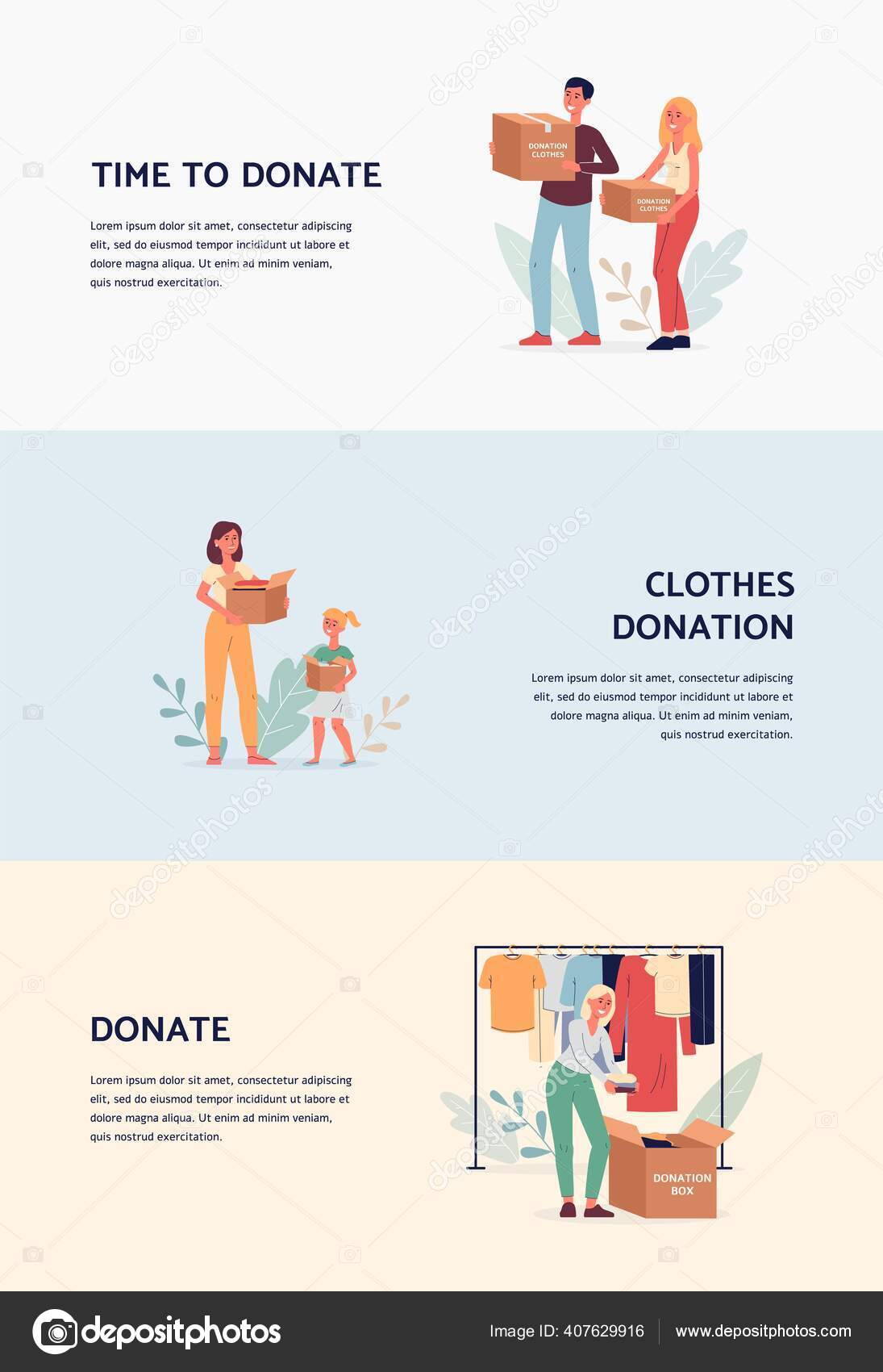 Clothes donation banner template set - cartoon people with cardboard ...
