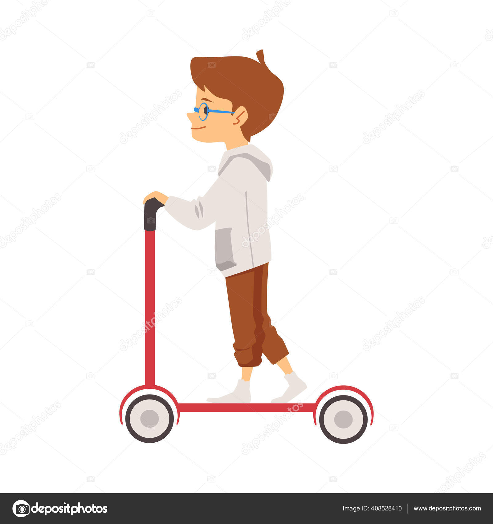 Child boy cartoon character riding scooter, flat vector illustration ...