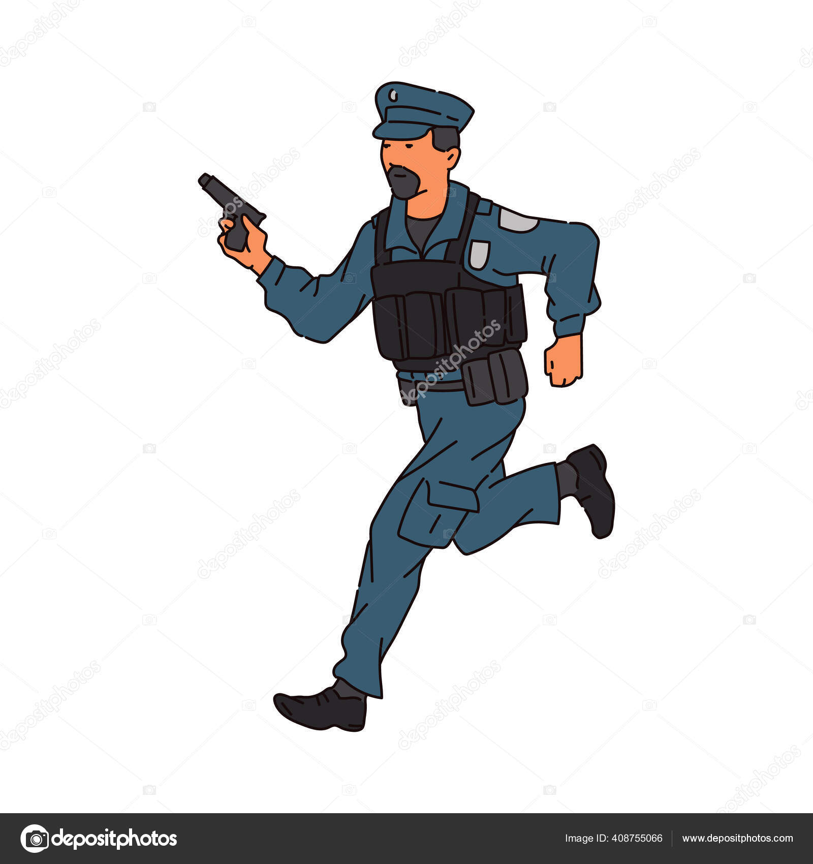 Policeman or guard man with weapon running sketch vector illustration ...