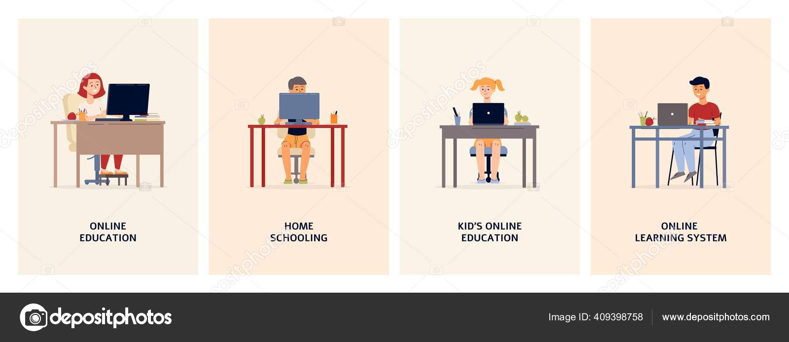 A set of vector posters of the concept of home online learning. Stock ...