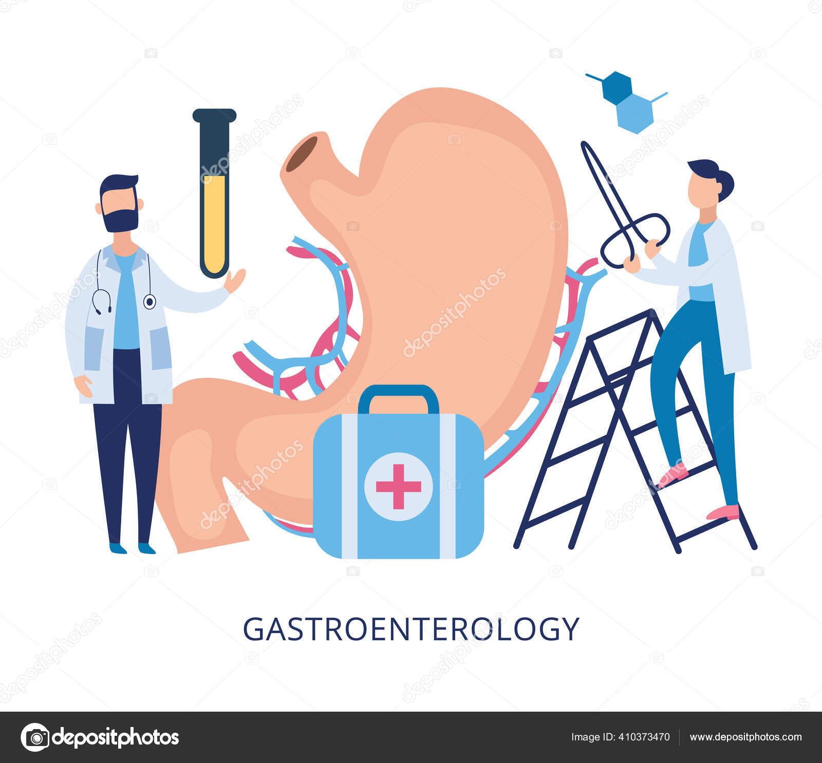 Cartel de gastroenterología con médicos de dibujos animados y estómago ...