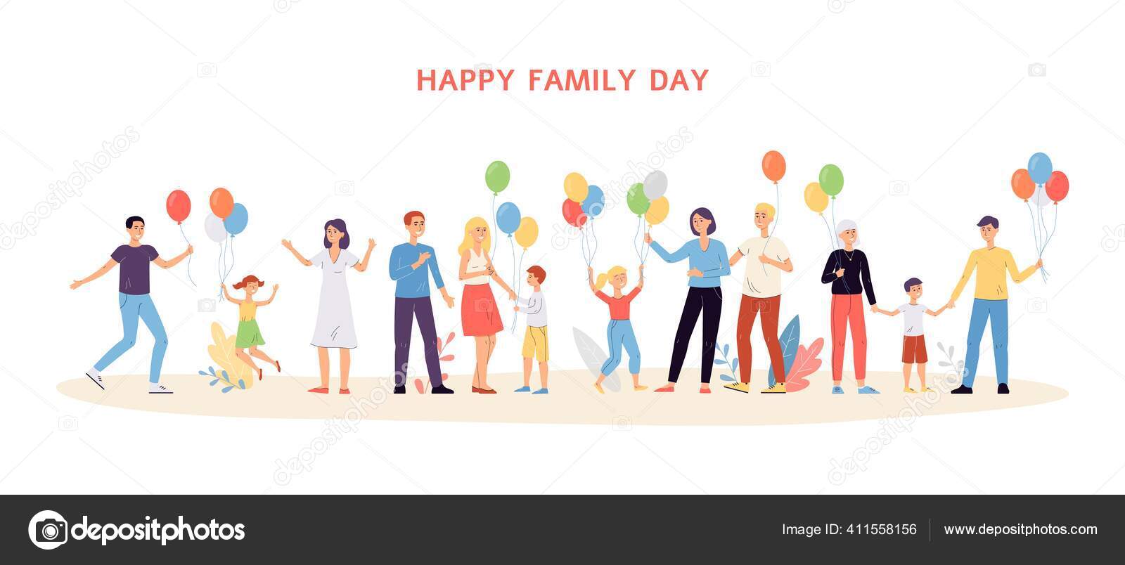 Family day banner with smiling people holding balloons flat vector ...