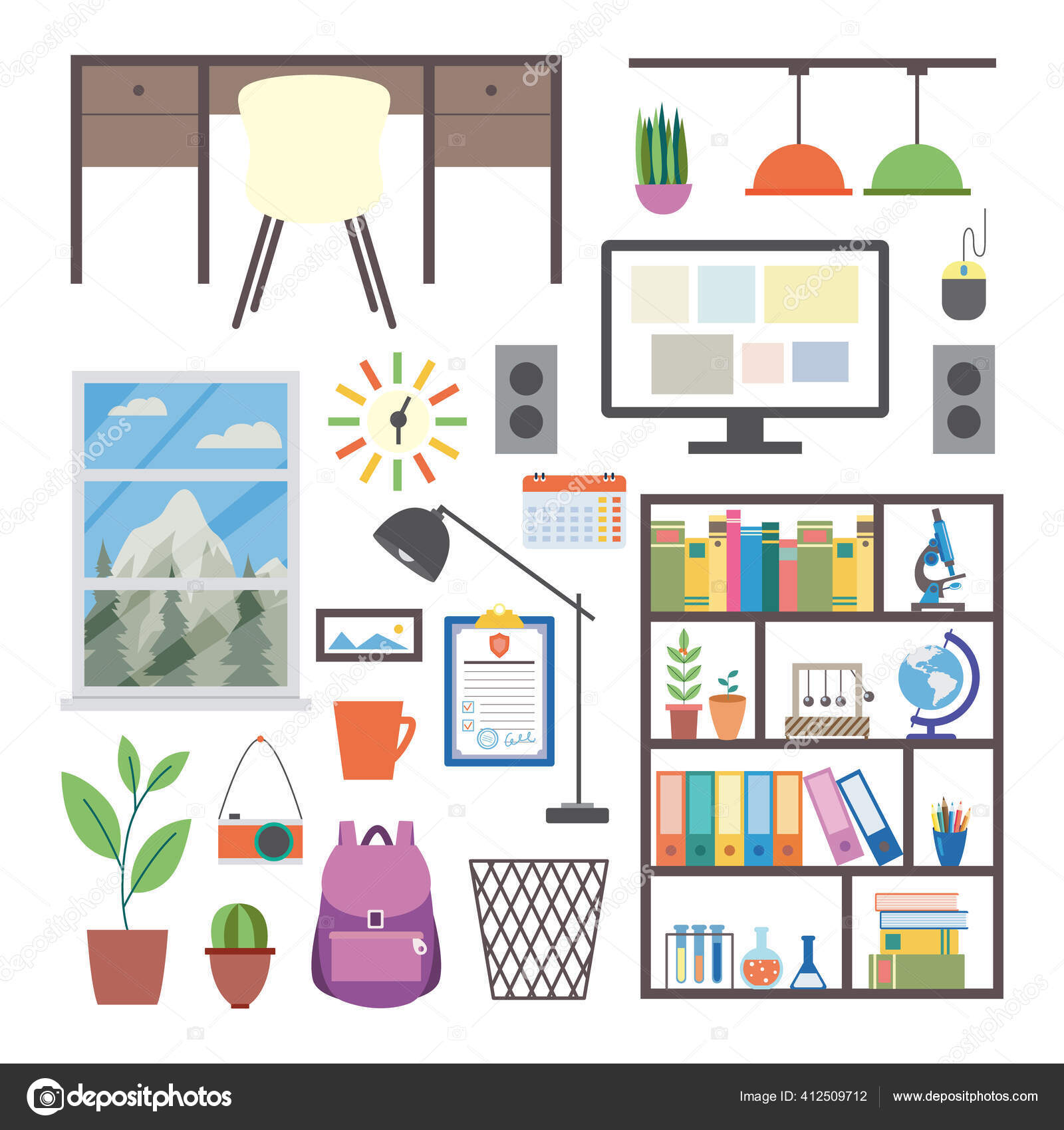 Set von Dingen für zu Hause Lernzimmer, flache Cartoon-Vektor ...