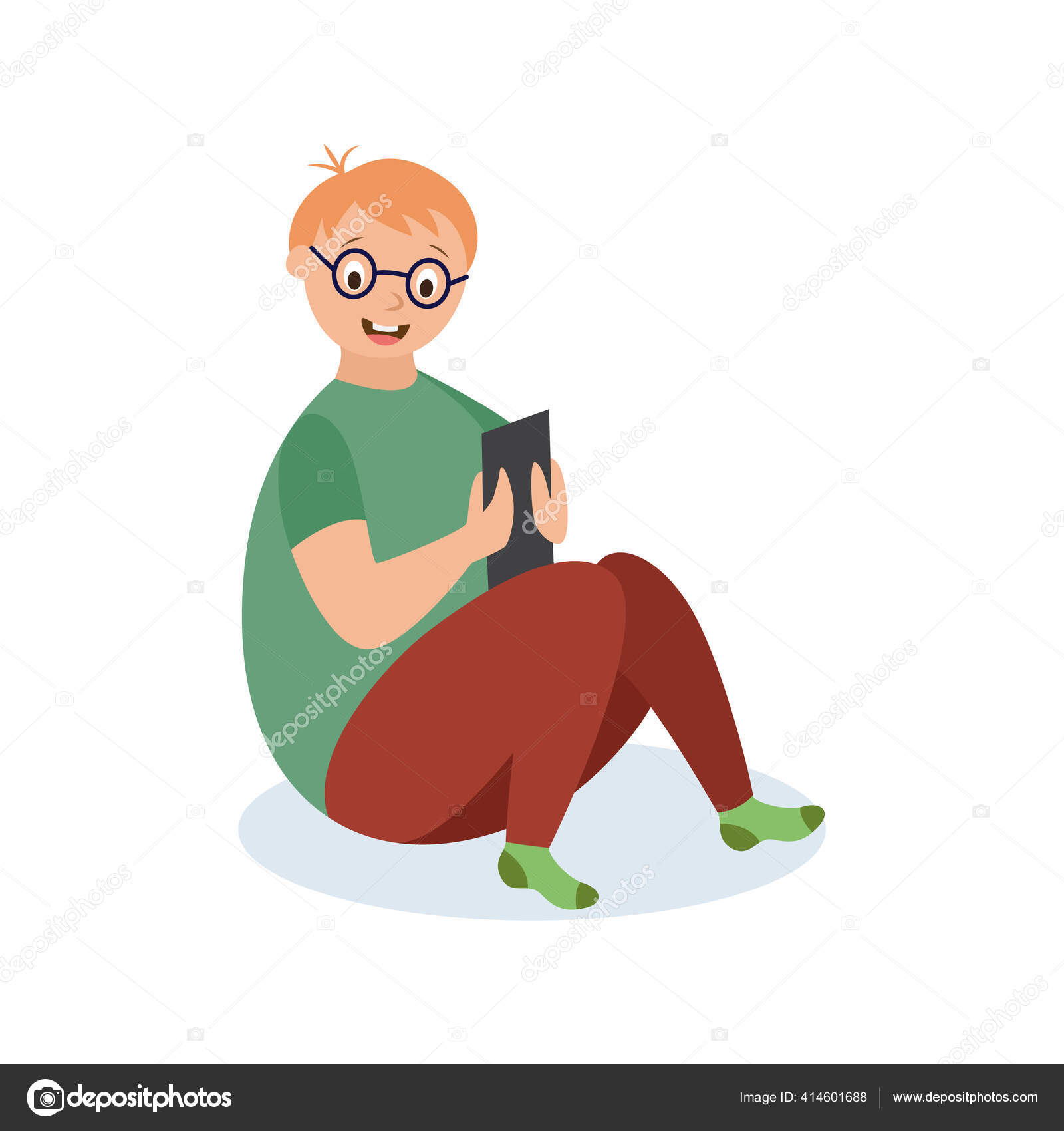 Boy uses phone for online communication flat vector illustration ...