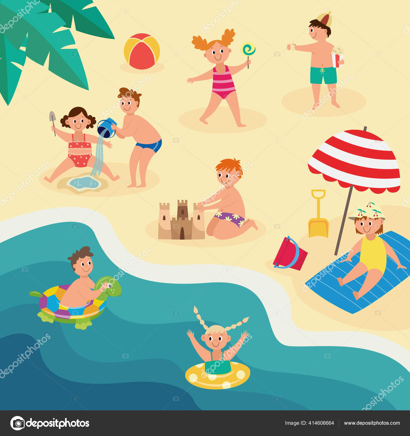 Kids having fun and swimming at beach, flat cartoon vector illustration ...