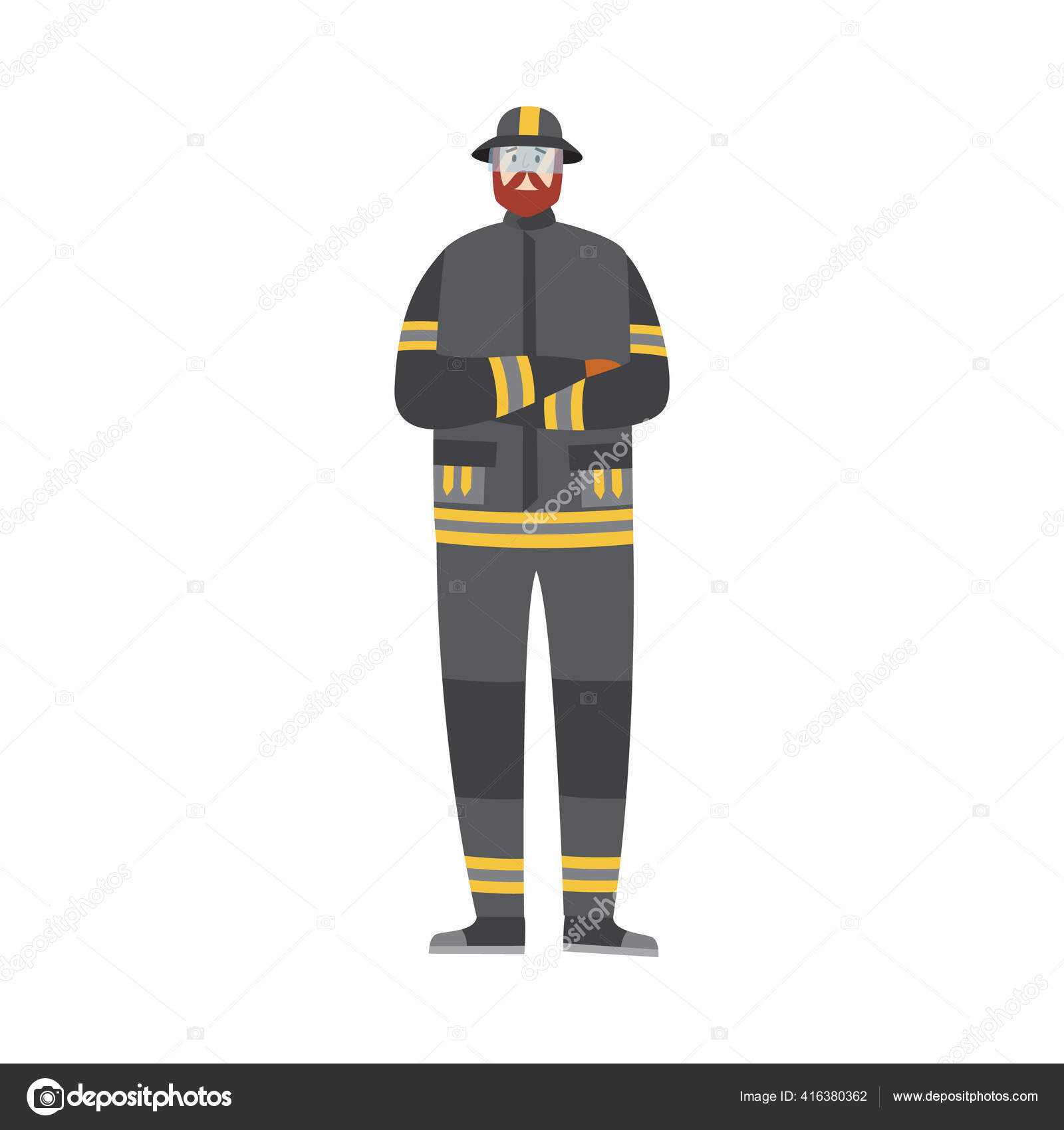 Firefighter wearing uniform standing, flat cartoon vector illustration ...