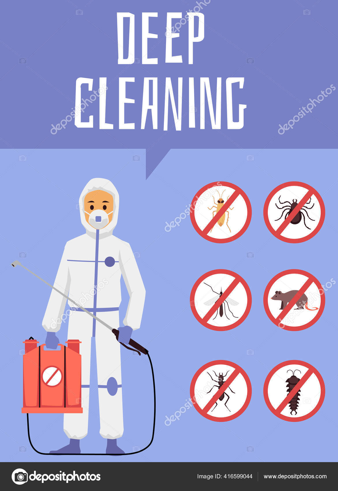 Deep cleaning pest control service poster, flat cartoon vector ...