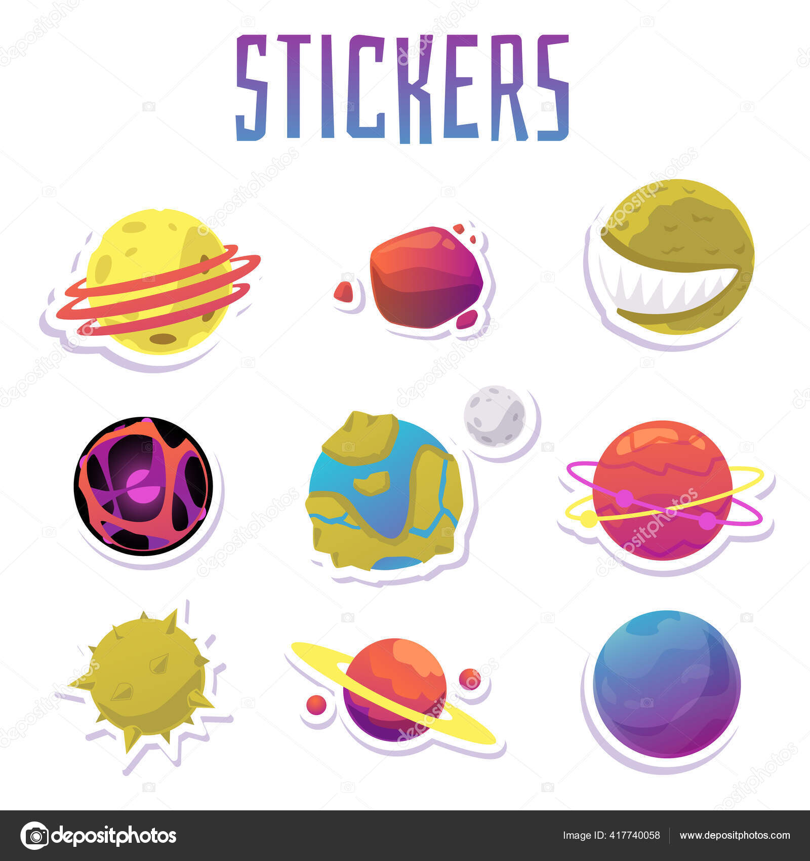 Collection of space planets stickers cartoon vector illustration ...