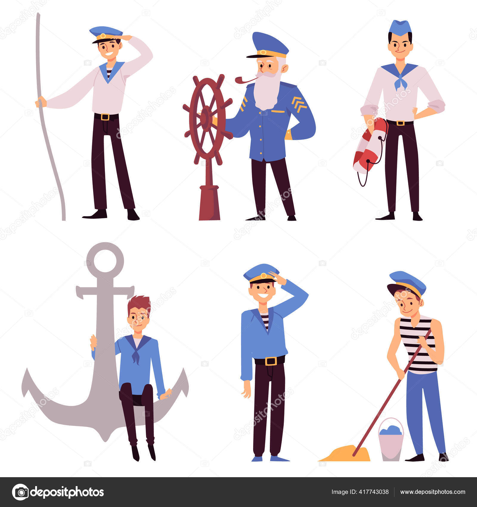 Vector set of cartoon characters of sailors and a captain working on ...