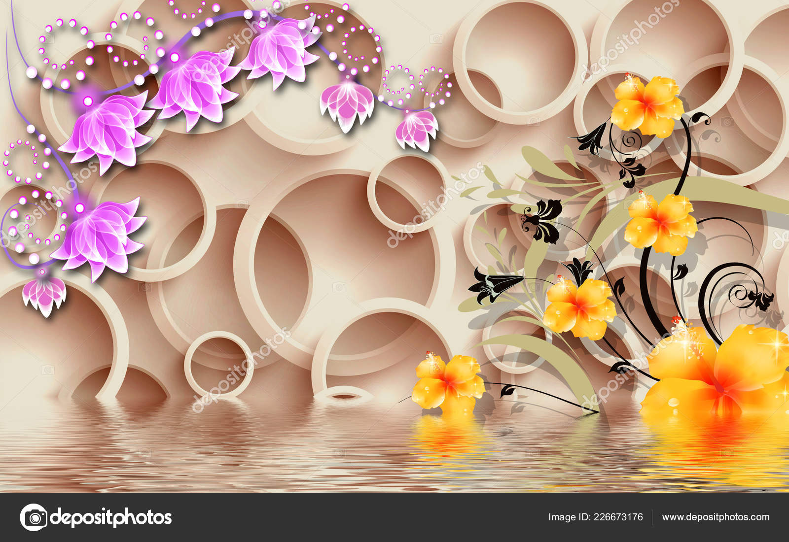 Illustration Beige Background Beige Rings Large Pink Yellow Fabulous ...