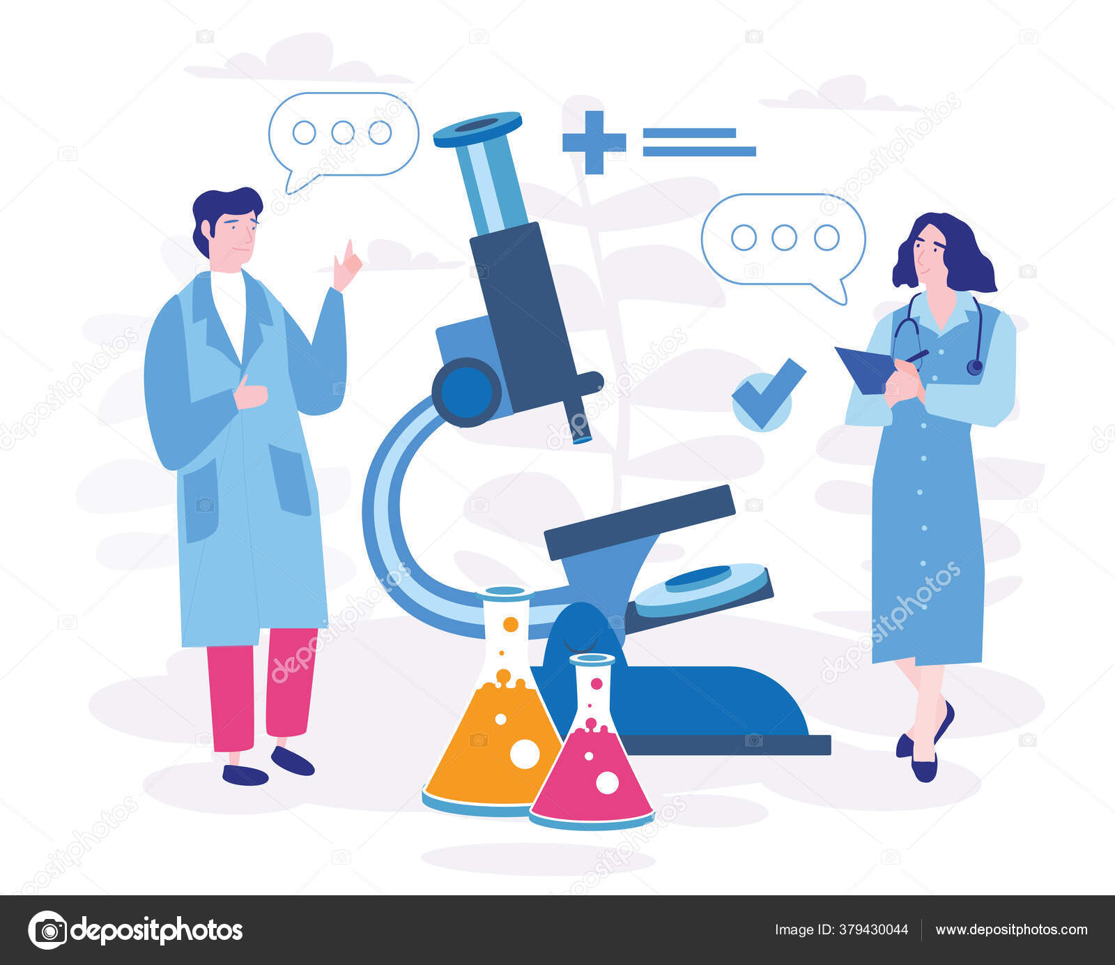 Cartoon Vector Illustration Two Medical Workers Large Microscope Test ...