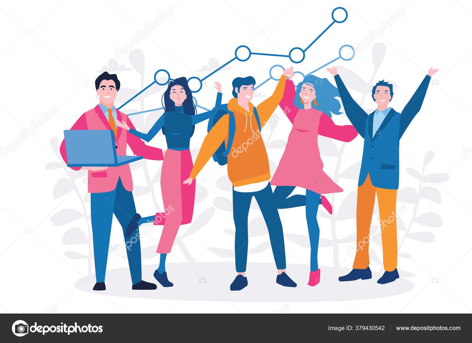 Cartoon Vector Illustration Happy Workers Team Growing Charts ...