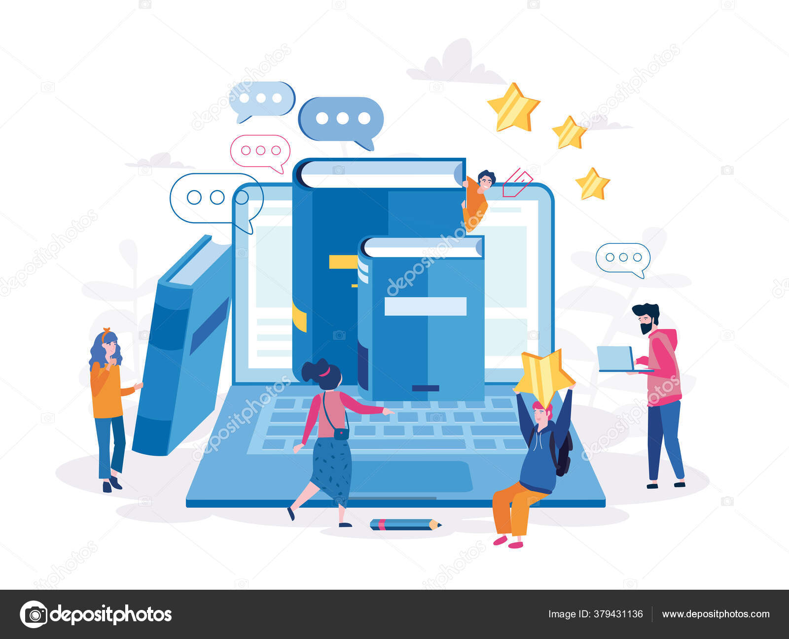 Cartoon Vector Illustration People Large Books Laptop Stock Vector by ...