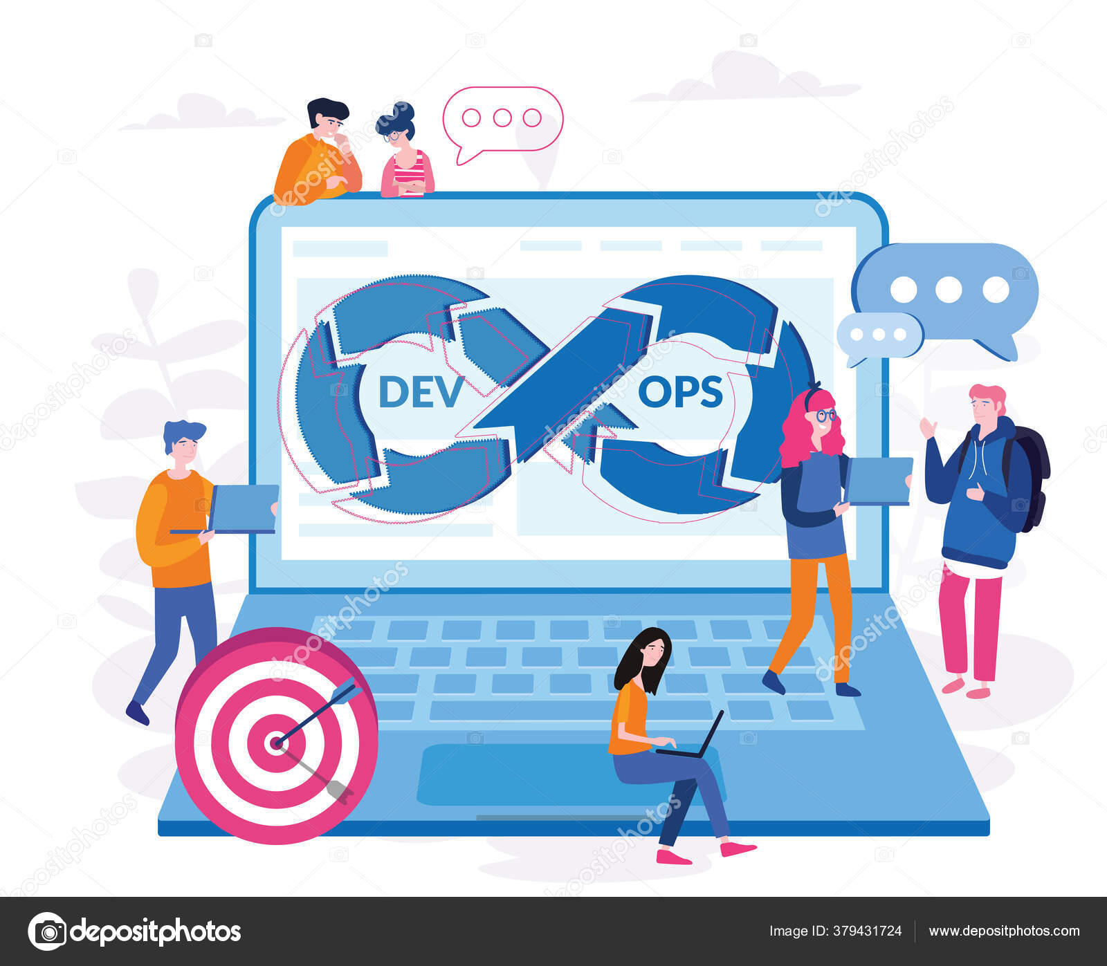 Cartoon Vector Illustration Developers Team Large Laptop Target Stock ...