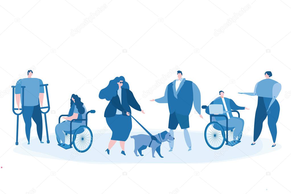 Las personas con discapacidad trabajan juntas en la oficina, el día ...