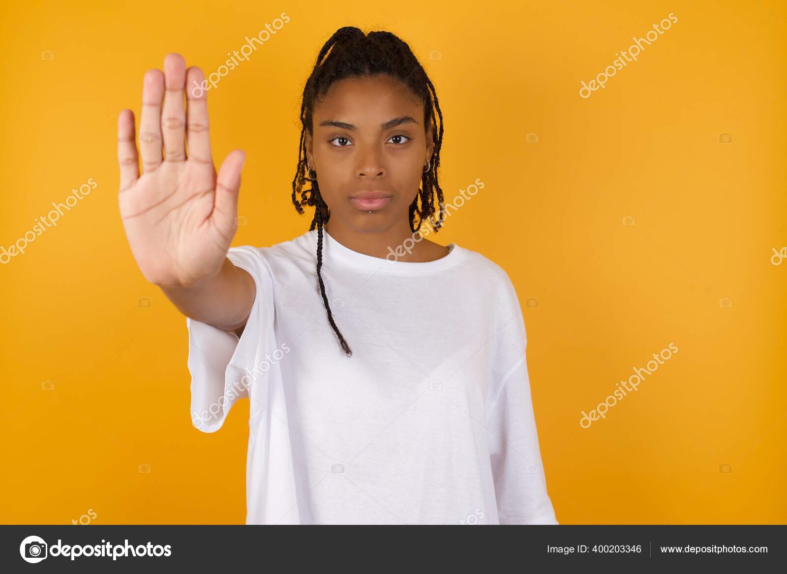 African American Woman Making Stop Sign Yellow Background — Stock Photo ...