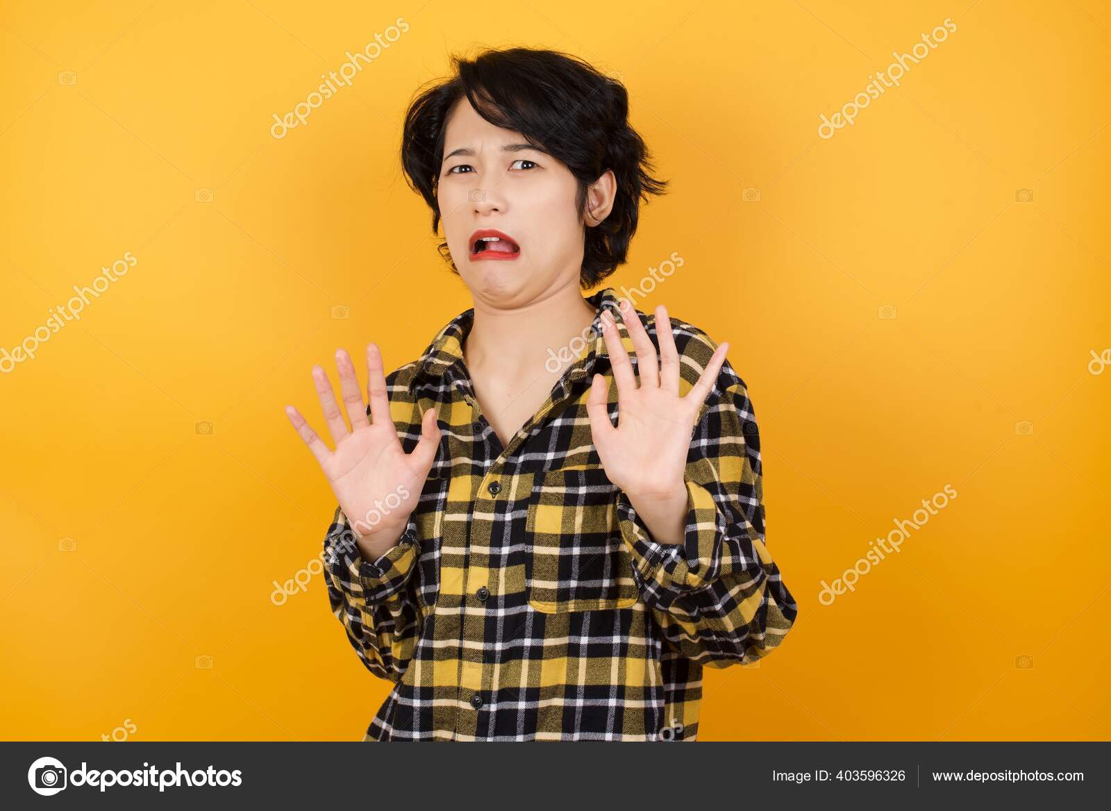 Beautiful Young Woman Afraid Terrified Fear Expression Stop Gesture ...