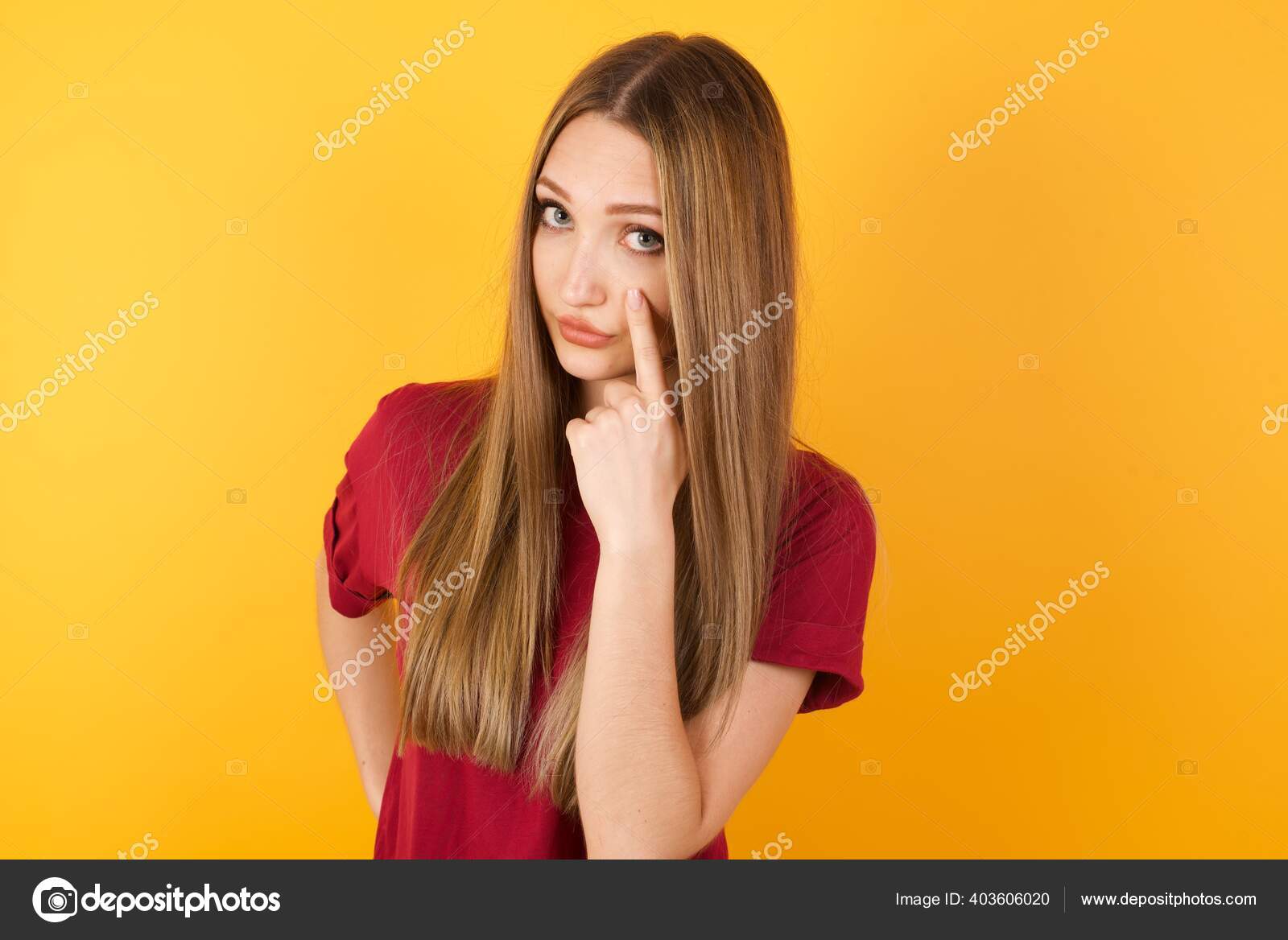 Beautiful Young Woman Pointing Eye Watching You Gesture Suspicious ...