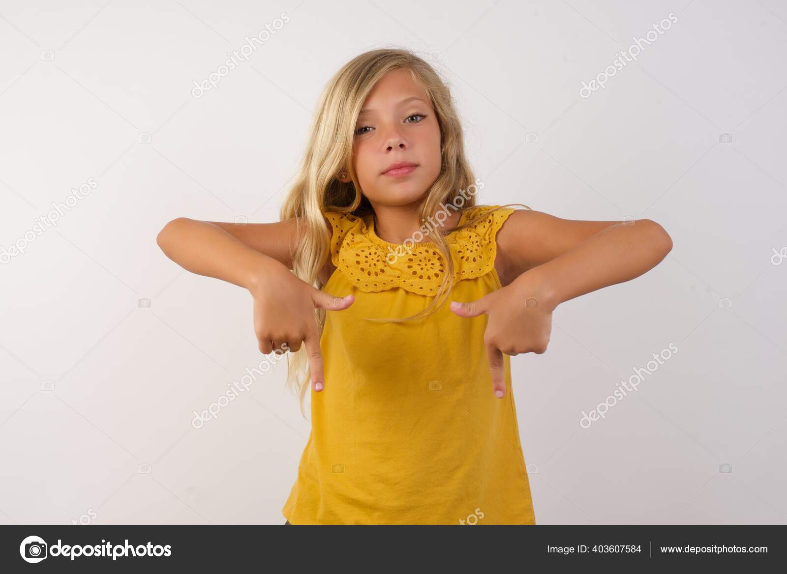 Cute Little Girl Pointing Two Fingers Copy Space Place Advertising ...