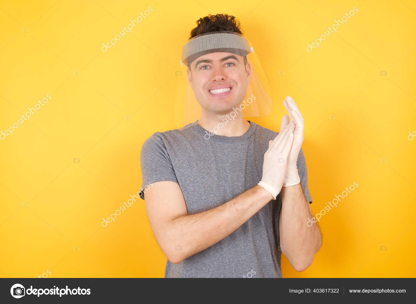 Man Plastic Protective Hat Clapping Applauding Happy Joyful Smiling ...