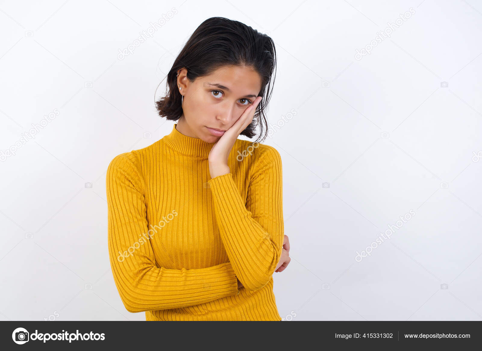 Very Bored Model Holding Hand Cheek While Support Another Crossed Stock ...