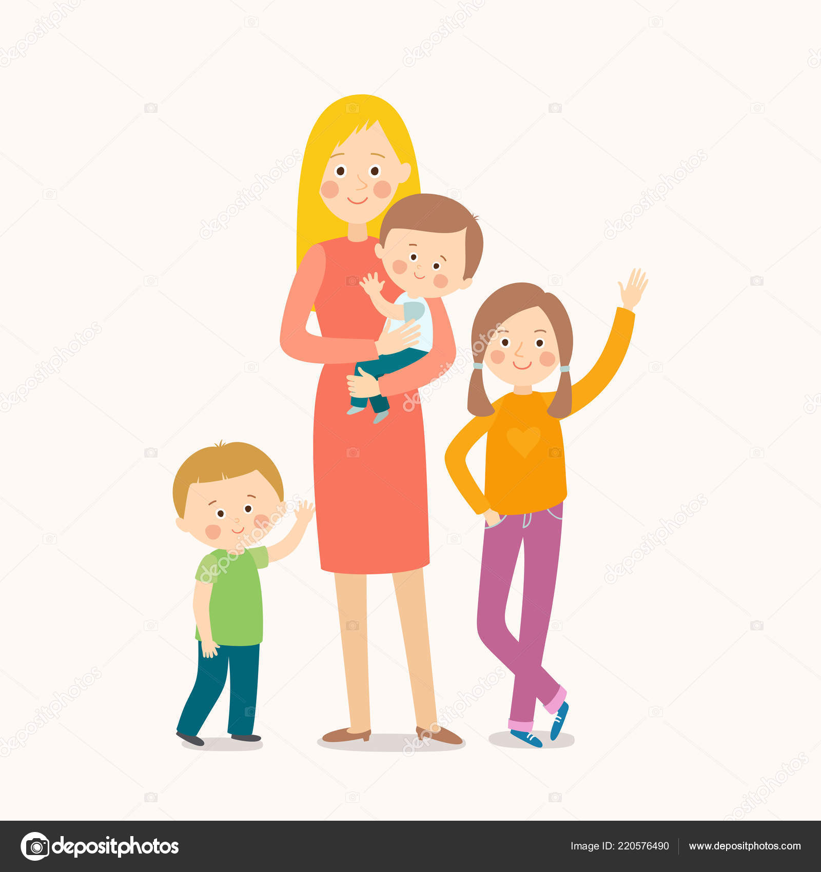 Young mother standing with her three children. Happy family. Cartoon ...