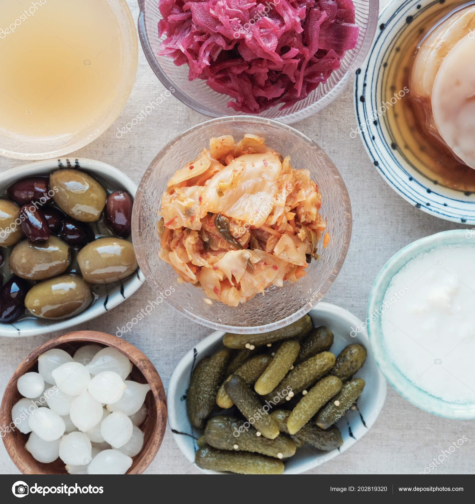 Variety Fermented Probiotic Foods Light Background Stock Photo by ...