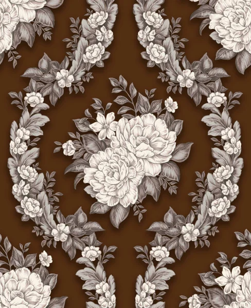 Damask Seamless Pattern Drawings : Roses and Leaves - Stock Image ...
