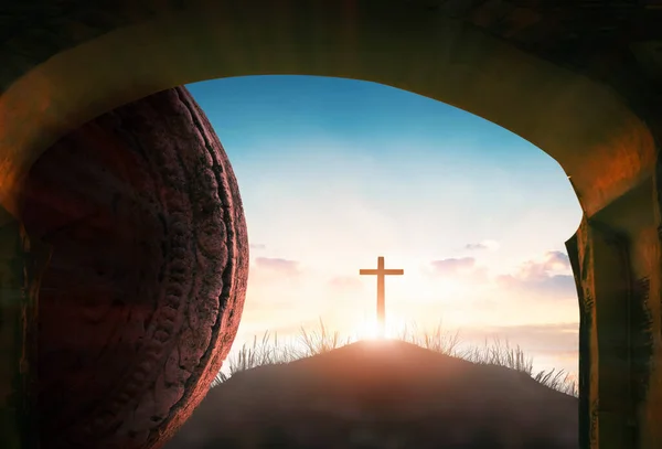 Easter Sunday Concept Silhouette Cross Palm Leaves Meadow Sunset Background Stock Photo by ...