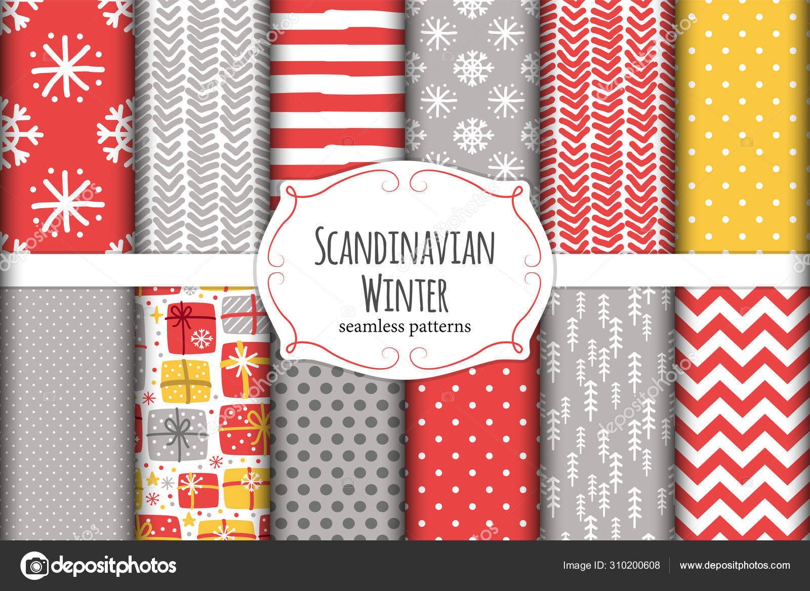 Cute Scandinavian Winter hand drawn seamless patterns set Stock Vector ...