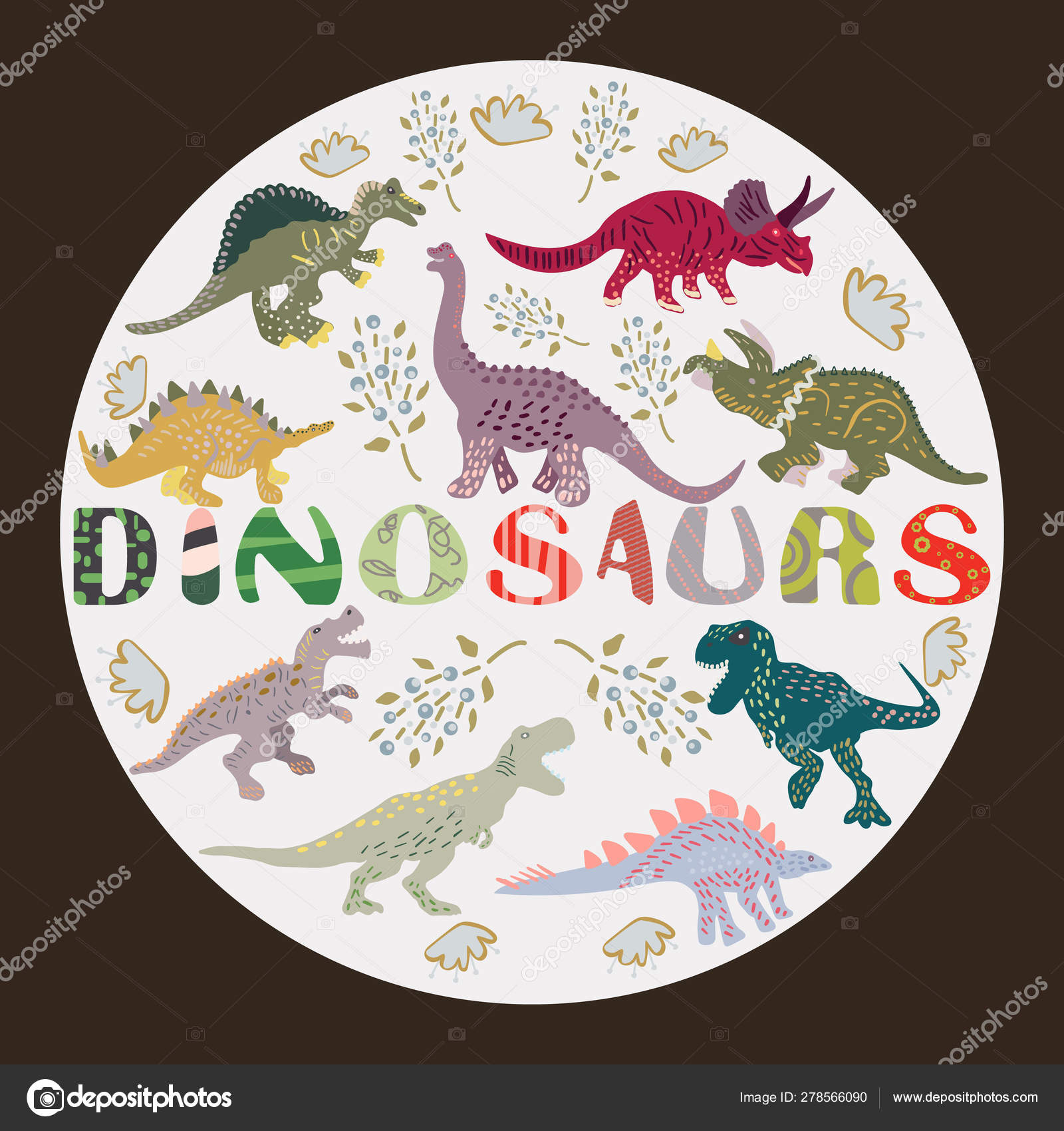Handwritten word dinosaurs with hand drawn dinosaur characters Stock ...